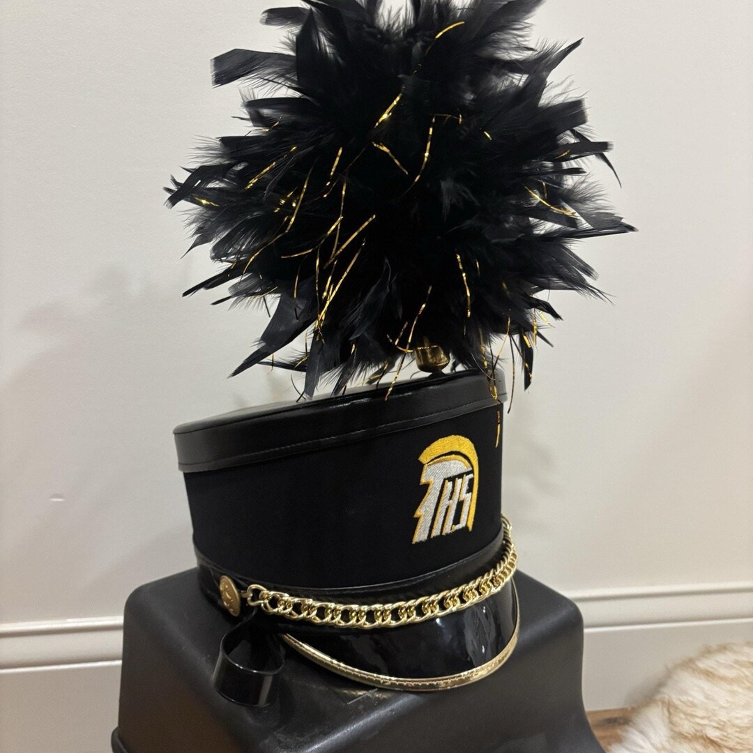 Vtg Scoop Top Marching Band Drumline Hat W/ PLUME Black Gold Fruhauf ...