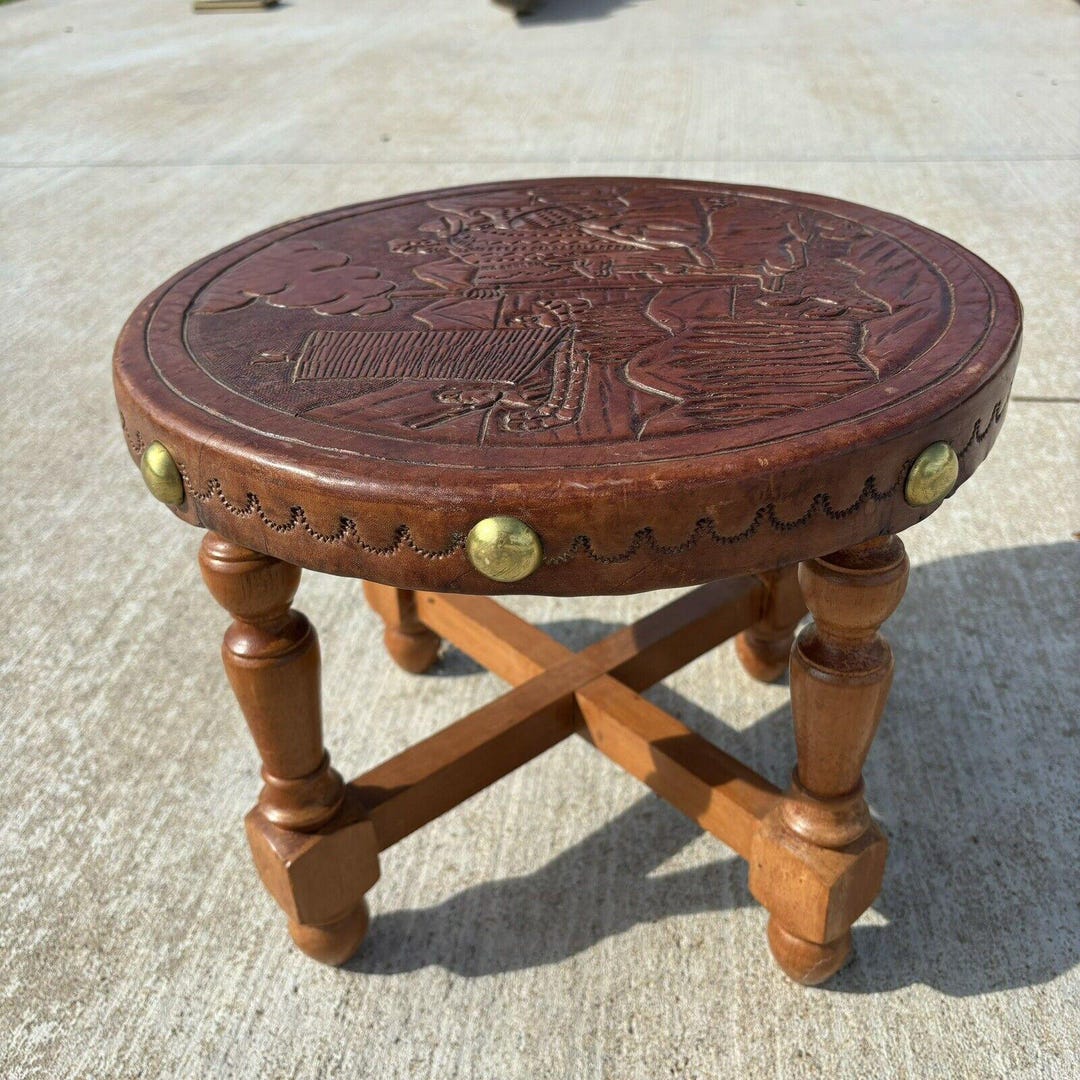 Peruvian Hand Tooled Punched Leather South American Wooden Stool Llama ...