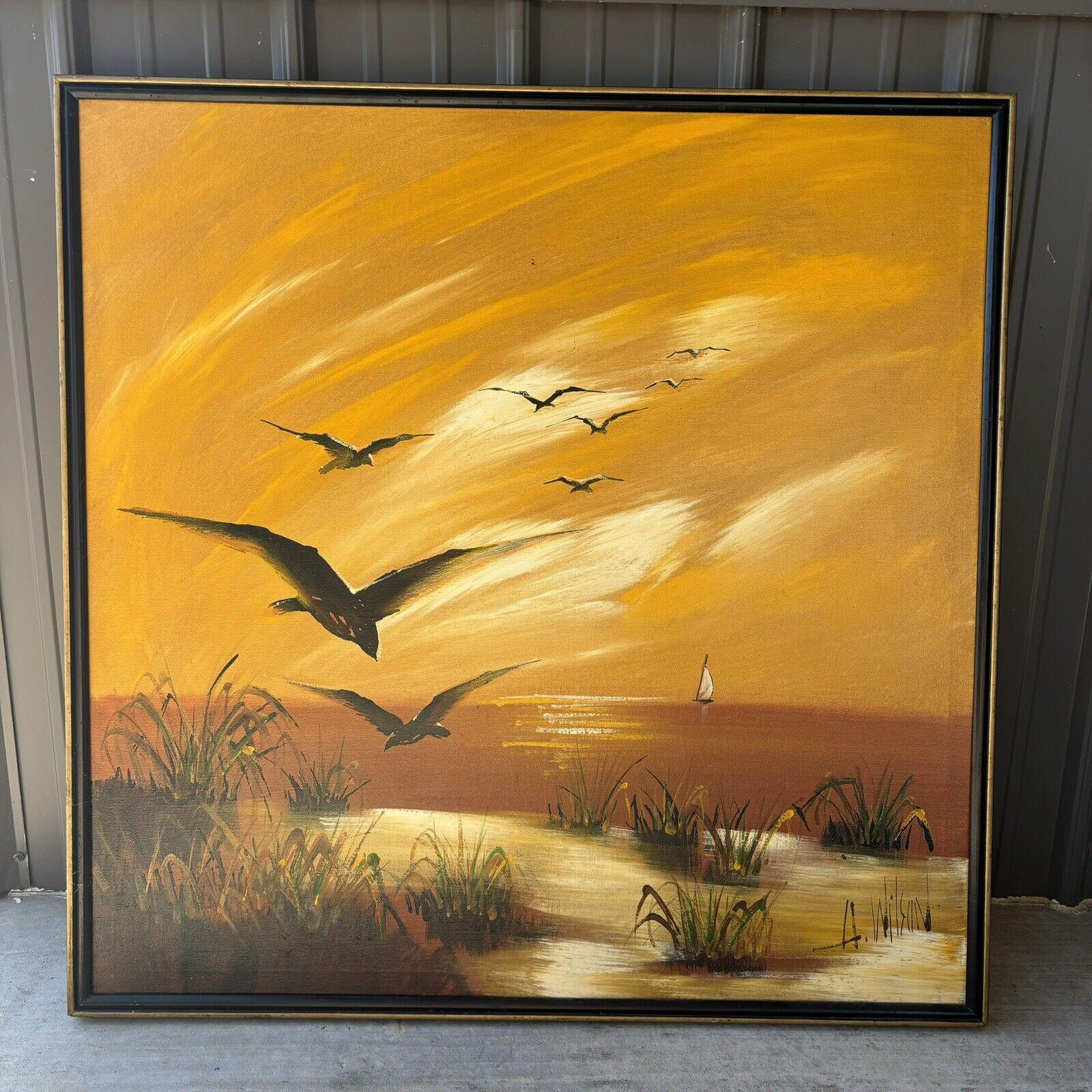 A. Wilson Seascape Birds Oil Painting on Canvas MCM Large 37x37 ...