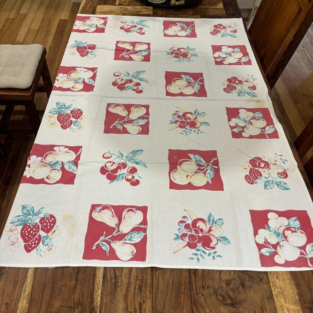 Vintage Mid Century 48x48 Fruit Red Green Screen Printed Linen ...