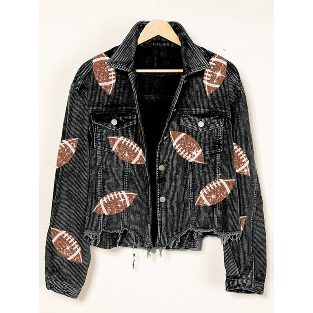 Black Corduroy Football Sequin Cropped Shacket - Etsy