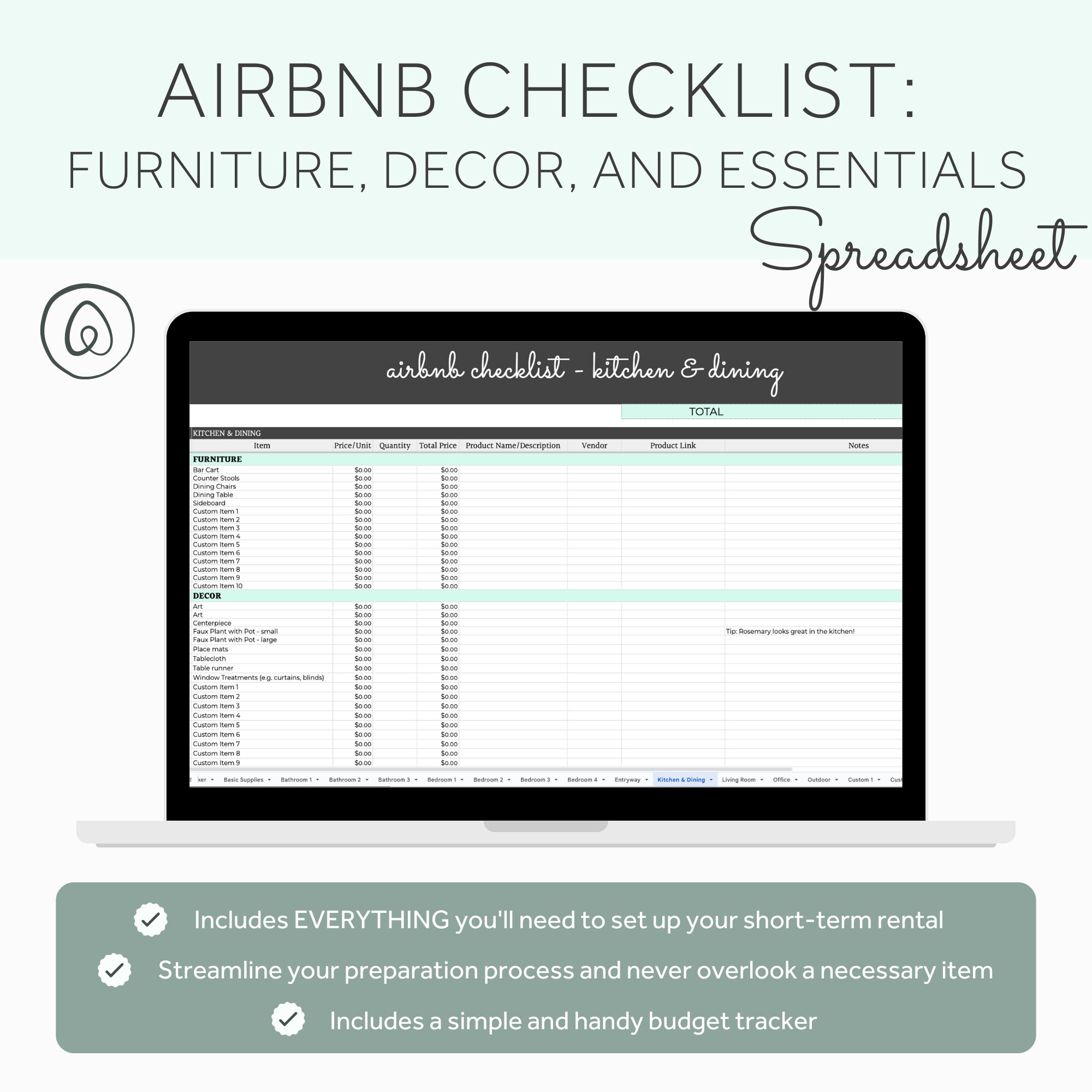 Airbnb Inventory Checklist & Expense Tracker Airbnb Spreadsheet Google ...