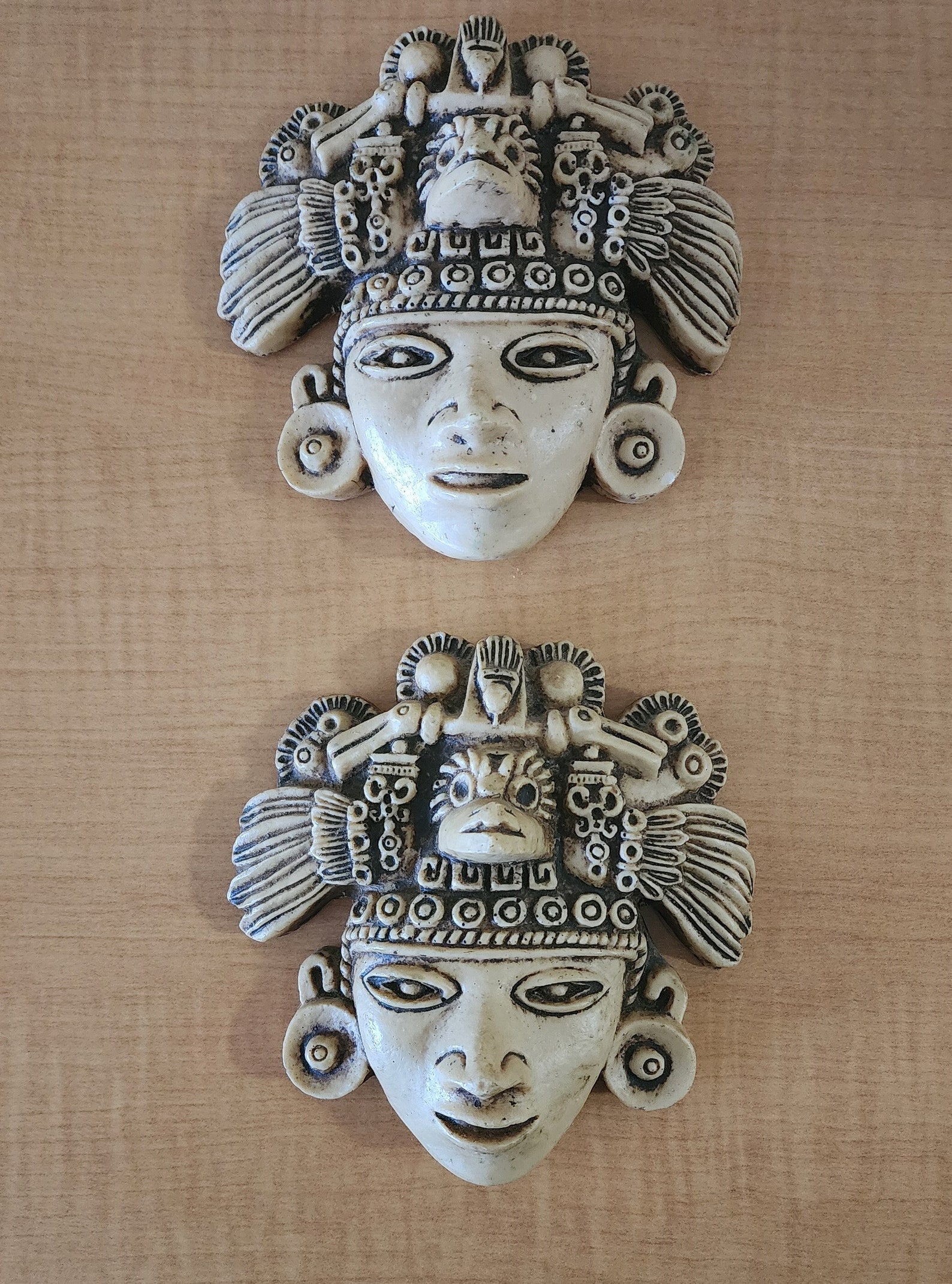 Carved Aztec Mayan Face Mask Soapstone Wall Hanging Folk Art Eagle Bird ...