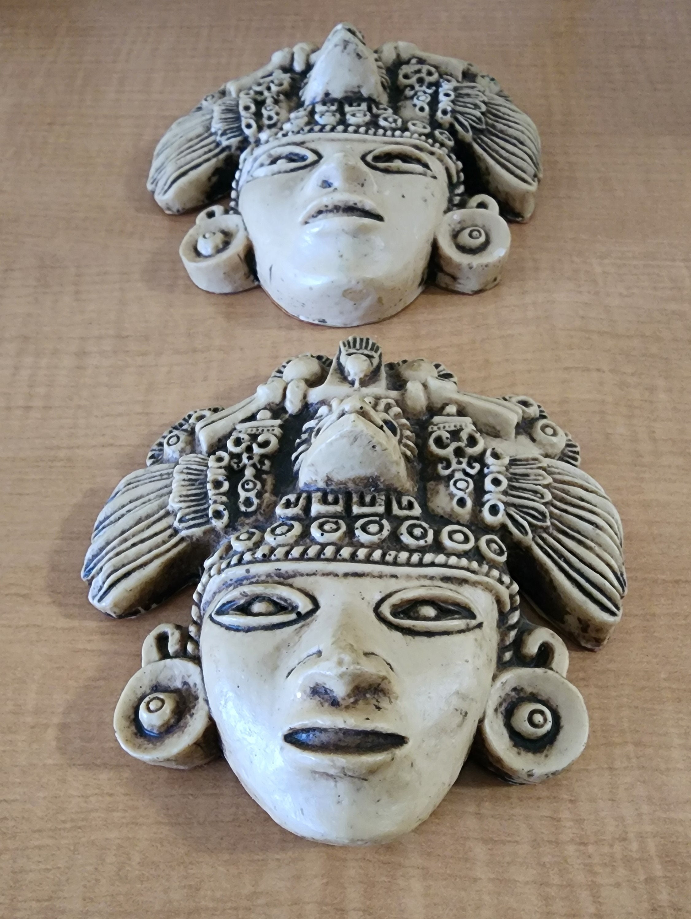 Carved Aztec Mayan Face Mask Soapstone Wall Hanging Folk Art Eagle Bird ...