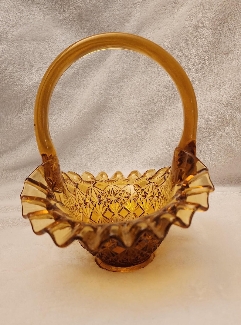 Vintage Vogelsong Ohio Amber Cut Glass Basket – Ruffled Edge Decorative ...