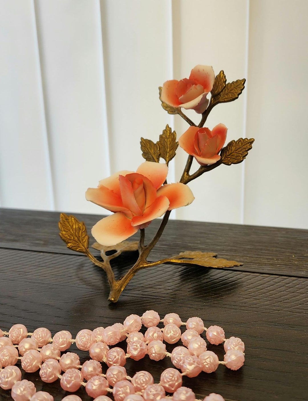 Capodimonte Style Pale Orange Roses on Brass Stem – Vintage Floral ...