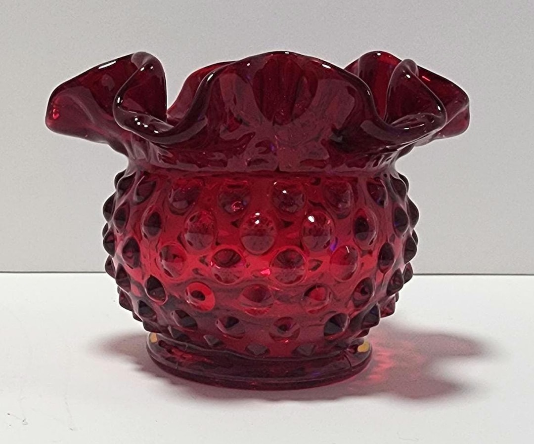 Fenton Ruby Red Amberina Hobnail Rose Bowl Vase, Ruffled Edge, Glows ...