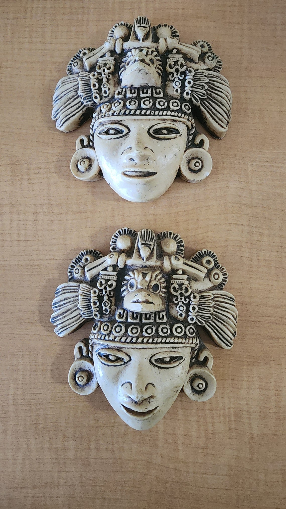 Carved Aztec Mayan Face Mask Soapstone Wall Hanging Folk Art Eagle Bird ...