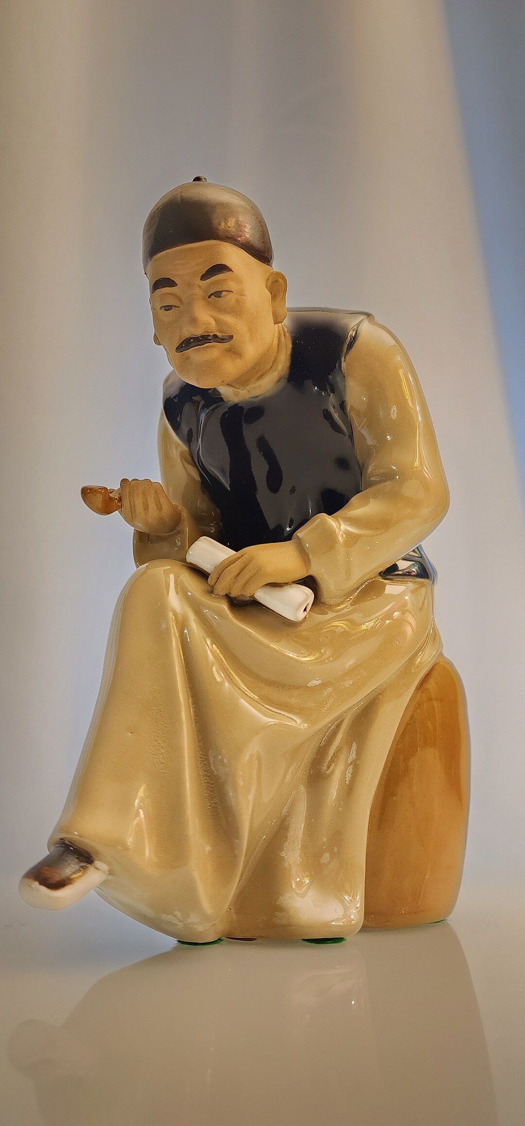 Ceramic Chinese Man W/ Pipe- Fine Detail Glazed Sculpture Statue Mudman ...