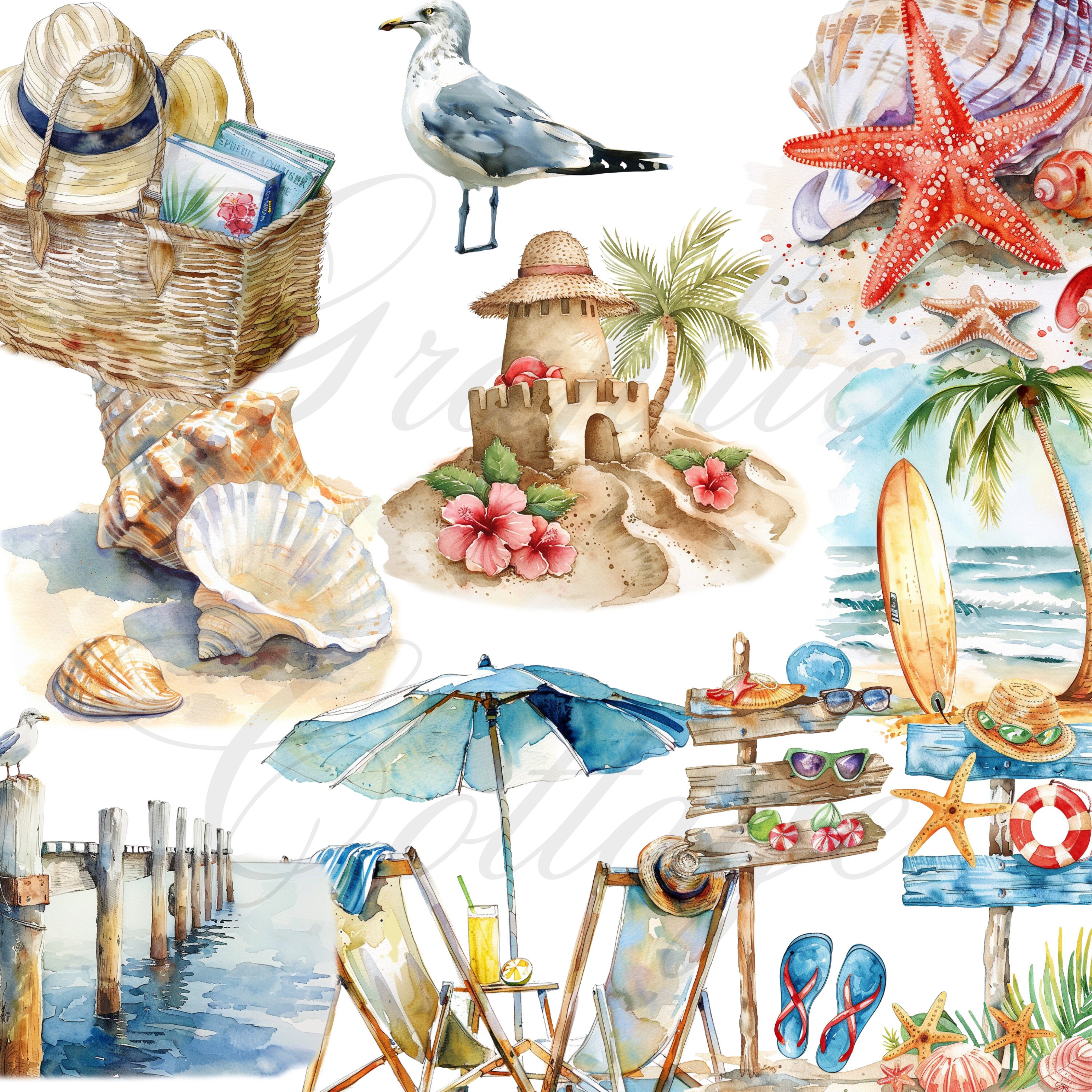 Watercolor Beach Clipart, Romantic Beach, Summer Vacation Clipart ...
