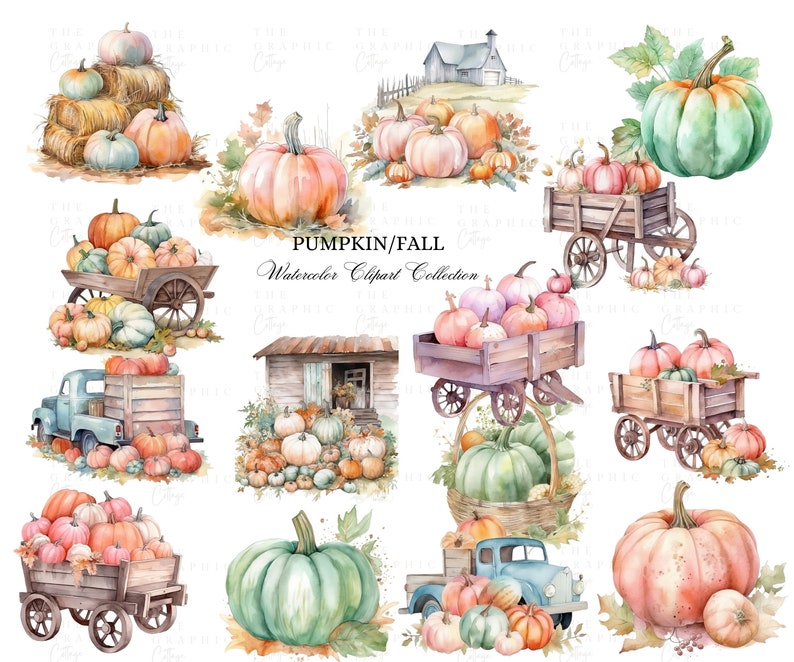 Watercolor Pumpkin Clipart Fall Clip Art Floral Clipart Harvest ...