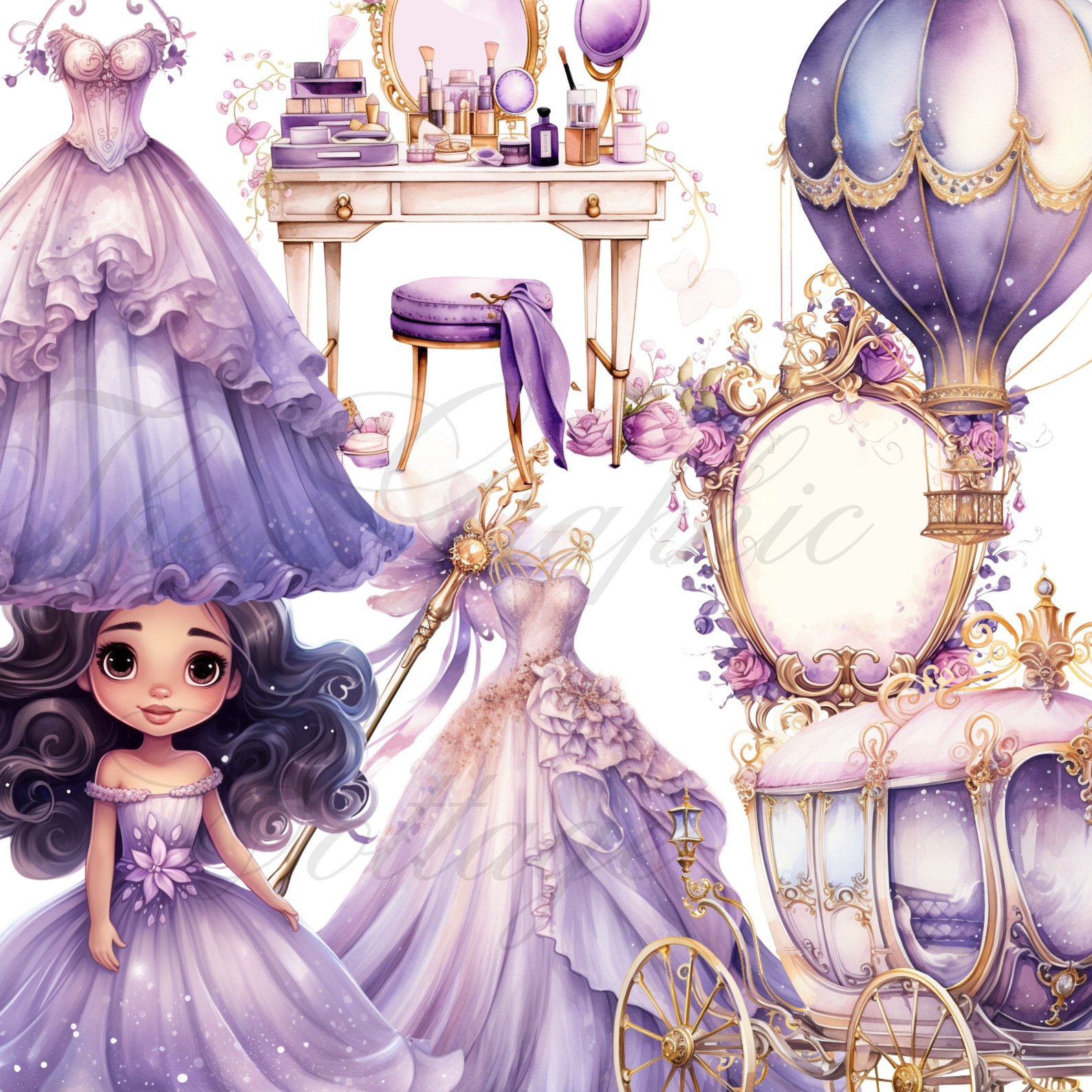 Watercolor Princess Clipart, Purple Princess Theme Clipart, Princess ...