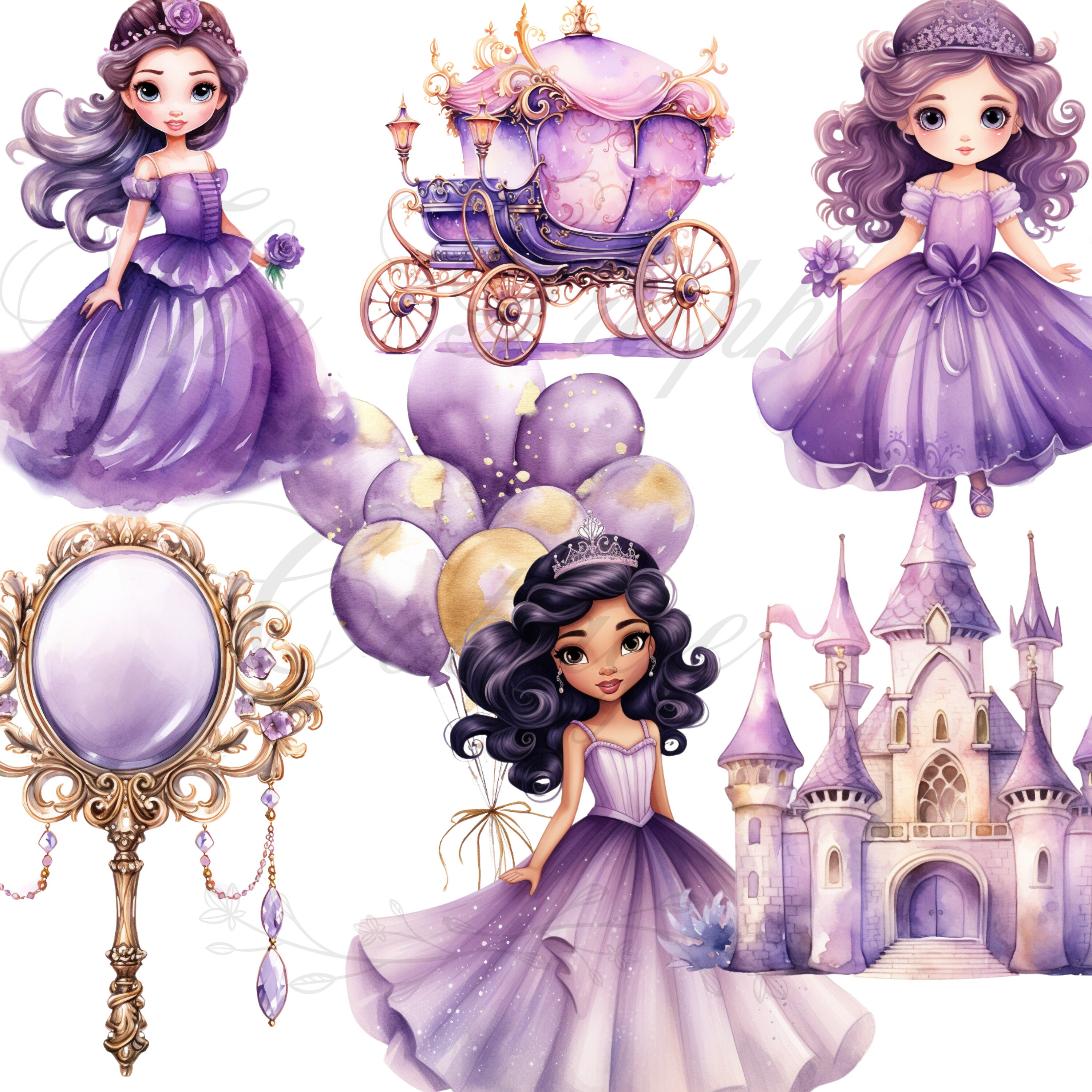 Watercolor Princess Clipart, Purple Princess Theme Clipart, Princess ...