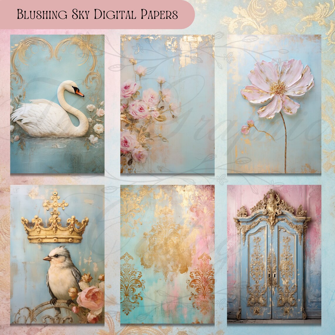 Pink and Blue Scrapbook Papers, Floral Scrapbook Papers, Shabby Chic ...