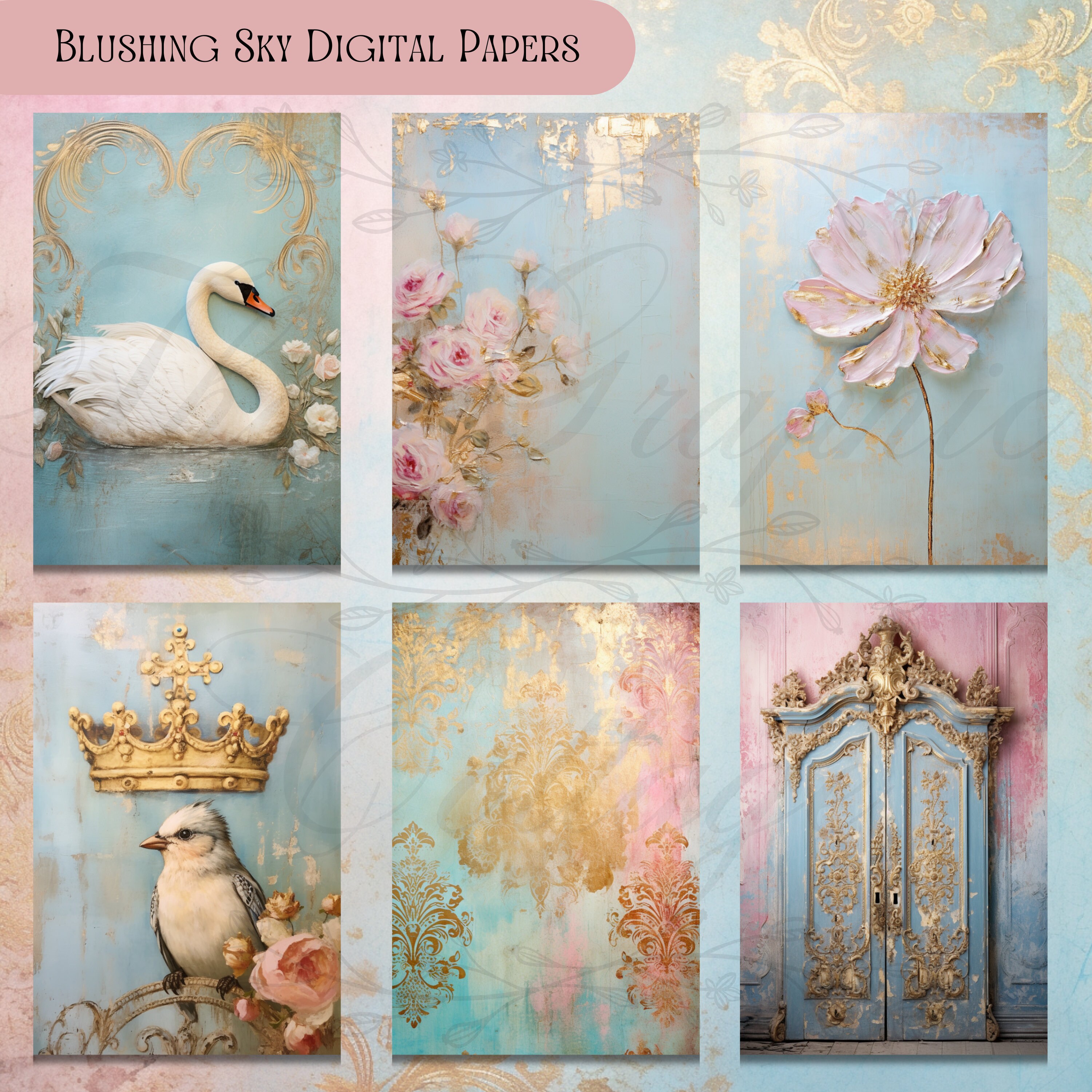 Pink and Blue Scrapbook Papers, Floral Scrapbook Papers, Shabby Chic ...