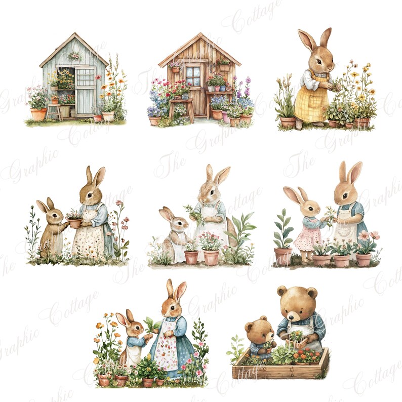 Watercolor Garden Clipart: Rabbits, Bear, Flowers (PNG Files, Digital ...