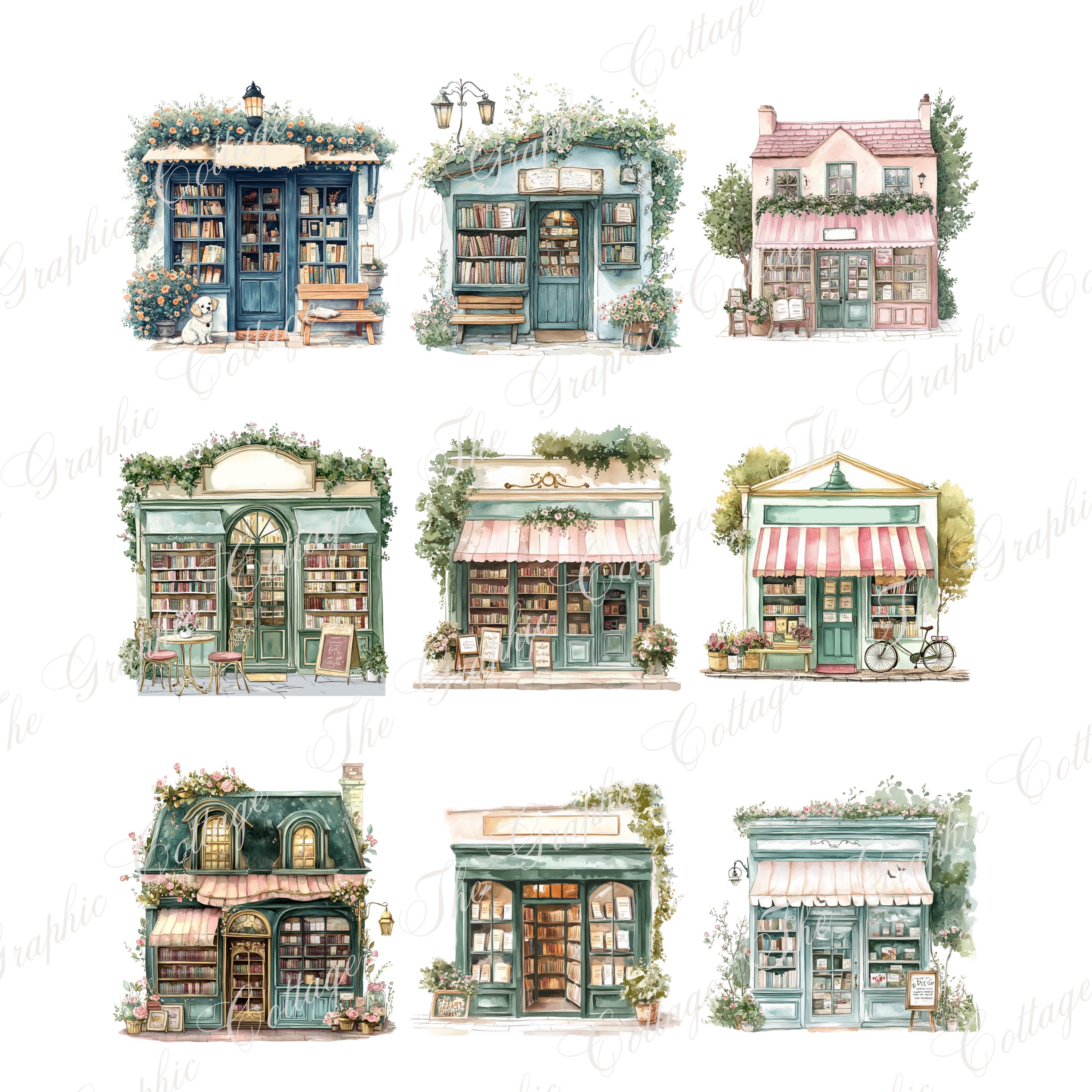 Watercolor Bookstore Clipart: Shabby Chic Book Shop (37 PNG Files) - Etsy