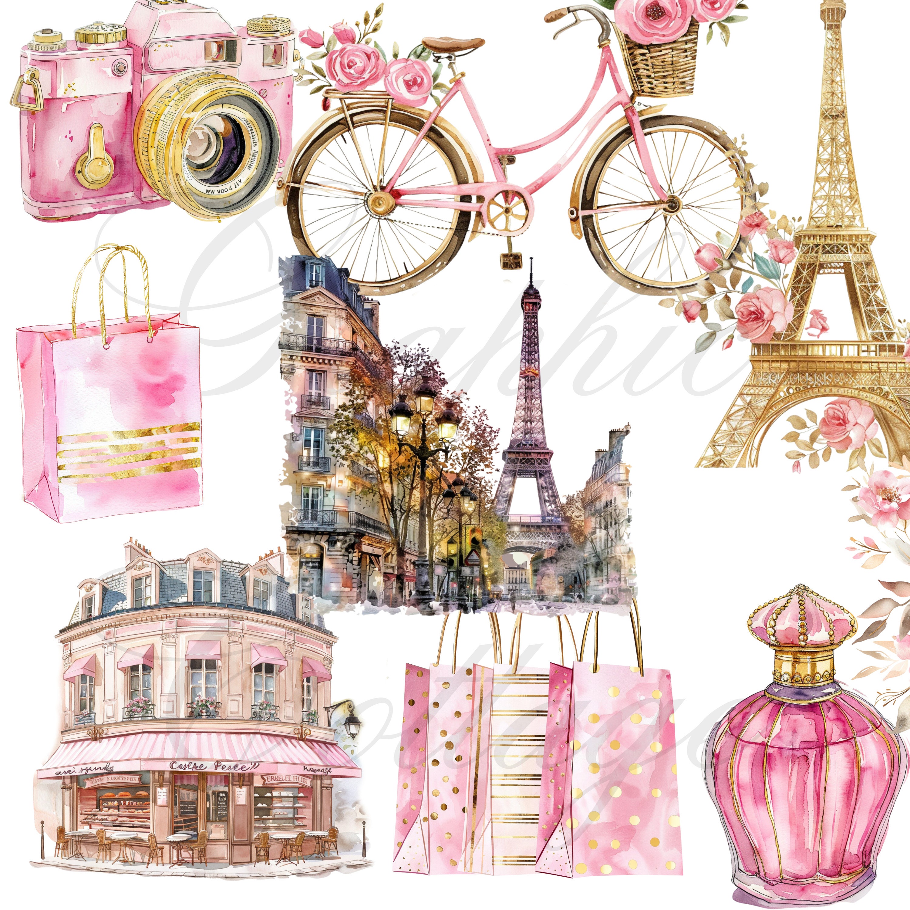 Watercolor Paris Clipart, Romantic Paris, Pink and Blush Clipart, Wall ...