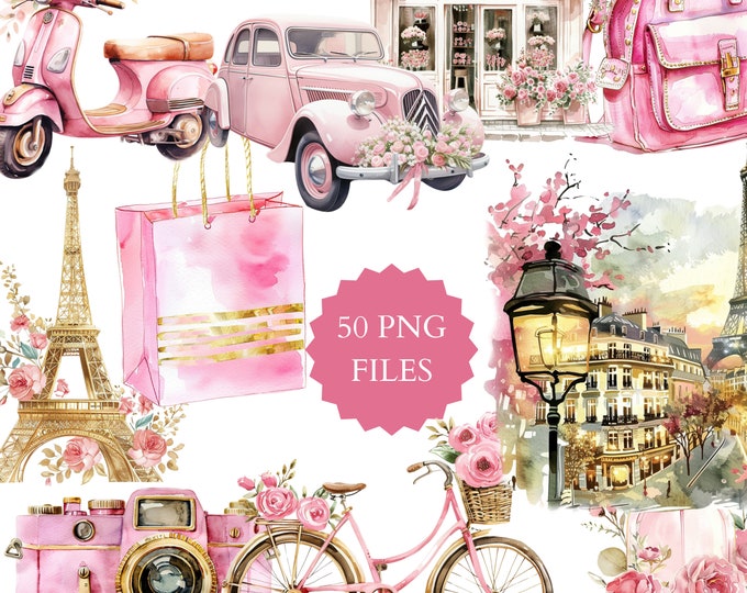 Watercolor Paris Clipart, Romantic Paris, Pink and Blush Clipart, Wall ...