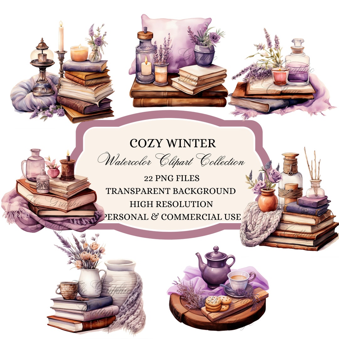 Cozy Winter Watercolor Clipart, Books With Candles, Cozy Blanket ...