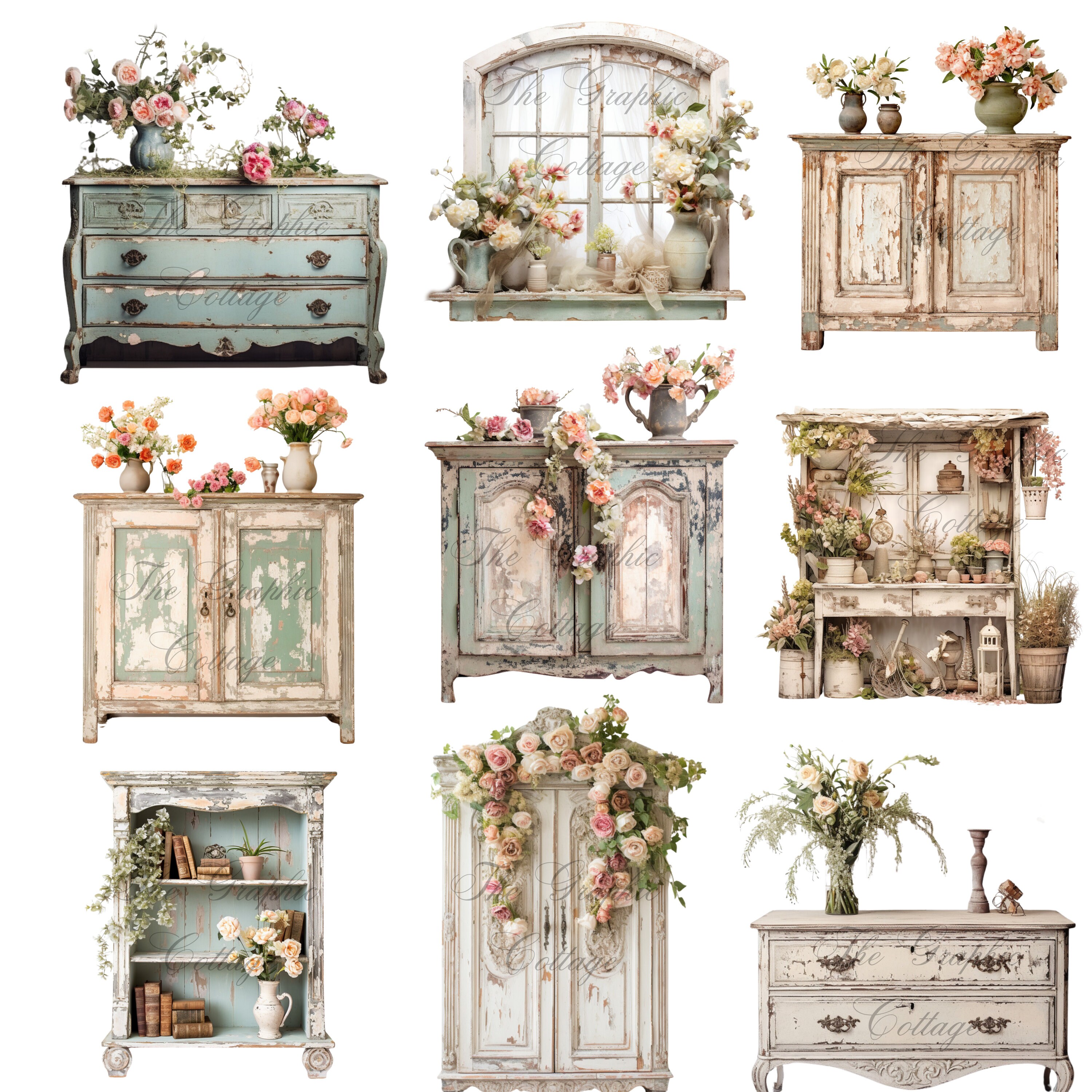 Shabby Chic Watercolor Clipart, Shabby Chic, Rustic Design, Distressed ...
