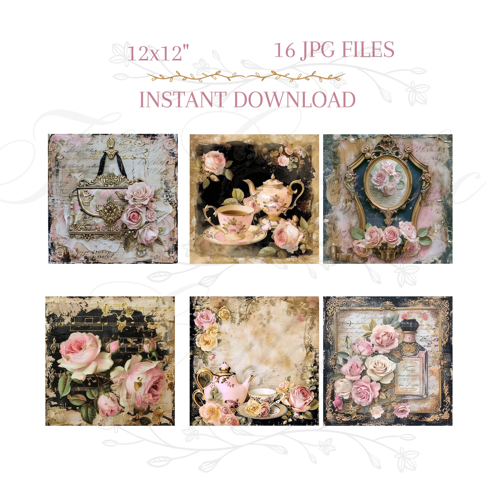 Pink and Black Dazzling Charm Paper With Gold Designs, Shabby Chic ...