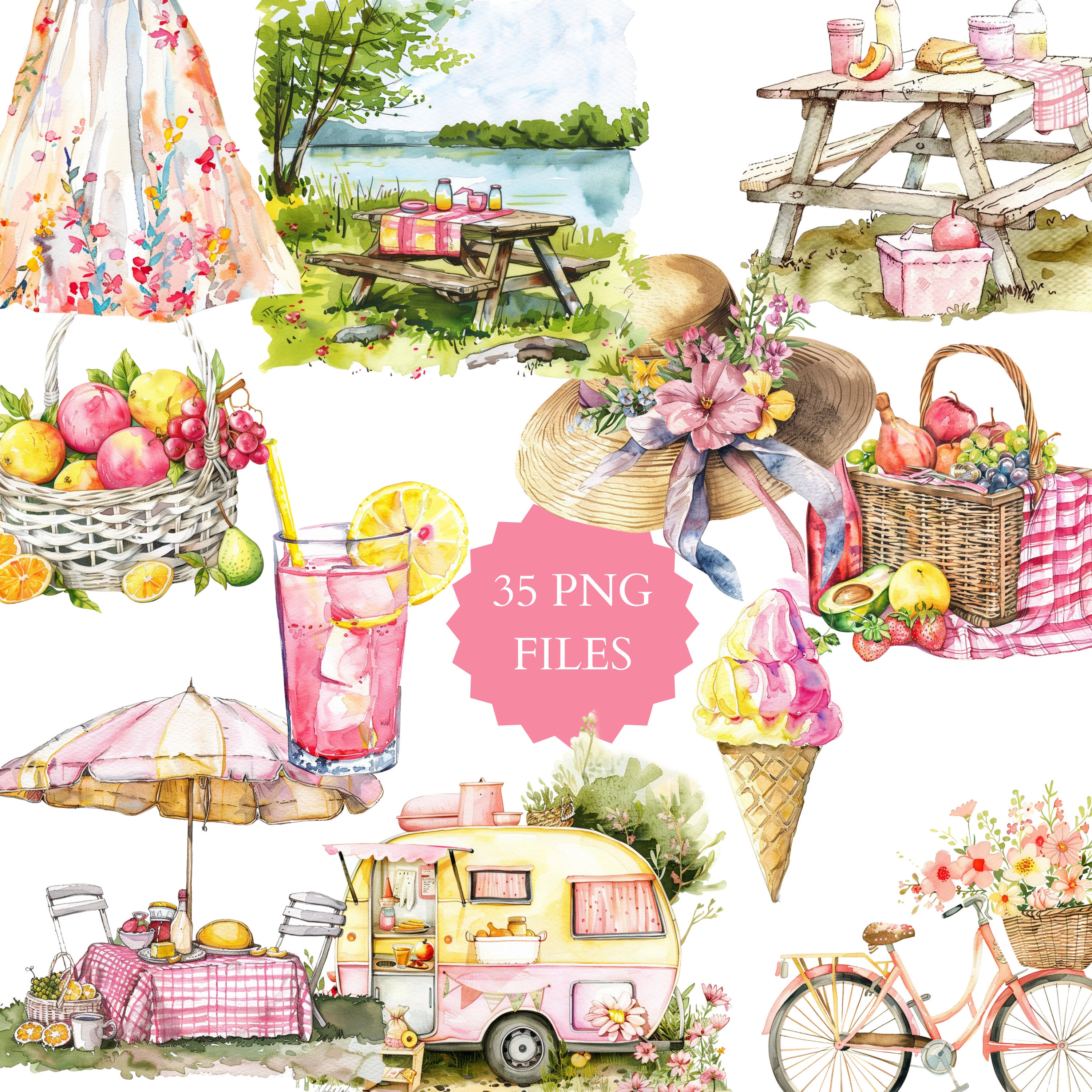 Watercolor Picnic Clipart, Picnic, Romantic Picnic, Picnic Party ...