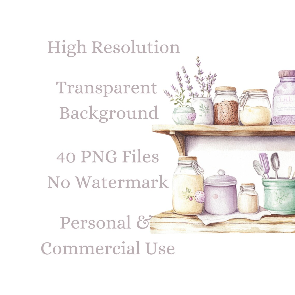 Watercolor Kitchen Clipart, Romantic Kitchen, Purple and Mint Kitchen ...