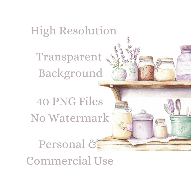 Watercolor Kitchen Clipart, Romantic Kitchen, Purple and Mint Kitchen ...