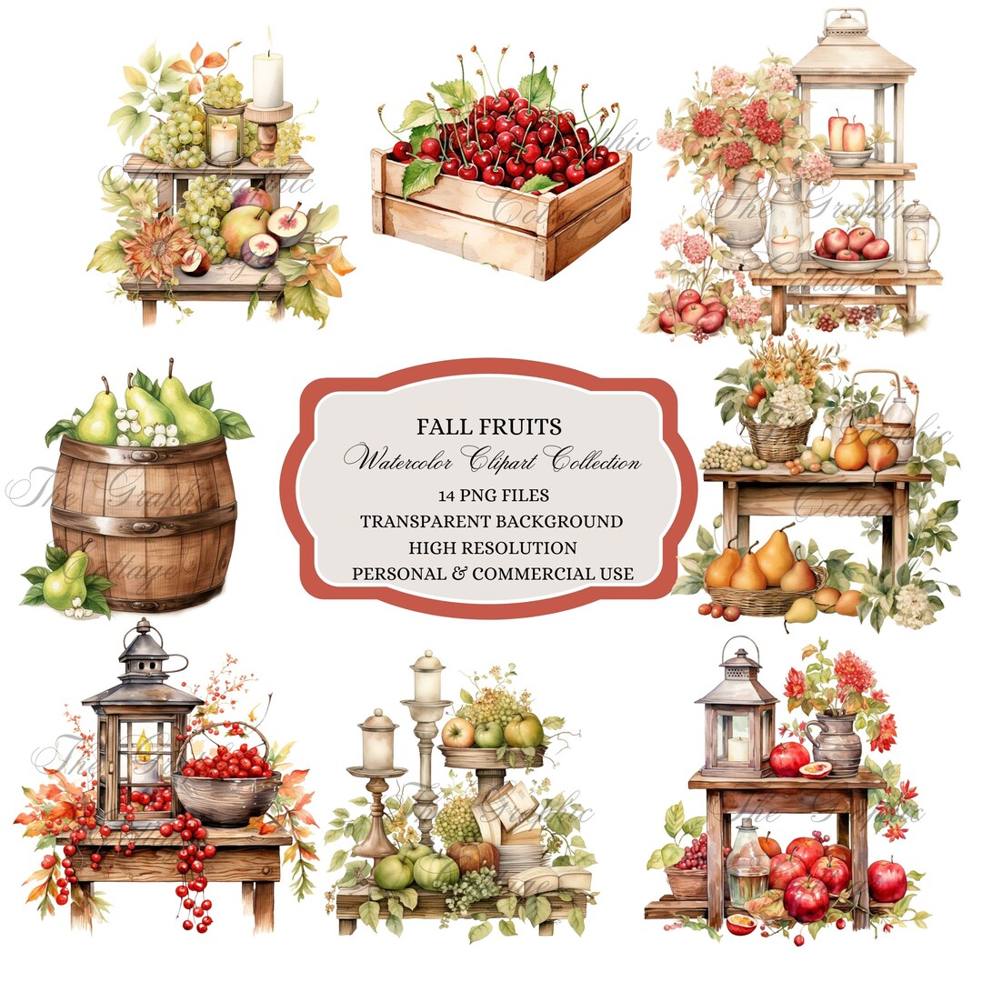 Watercolor Fall Fruit Stand, Fruit Clipart, Fall Clipart, Art for Menu ...