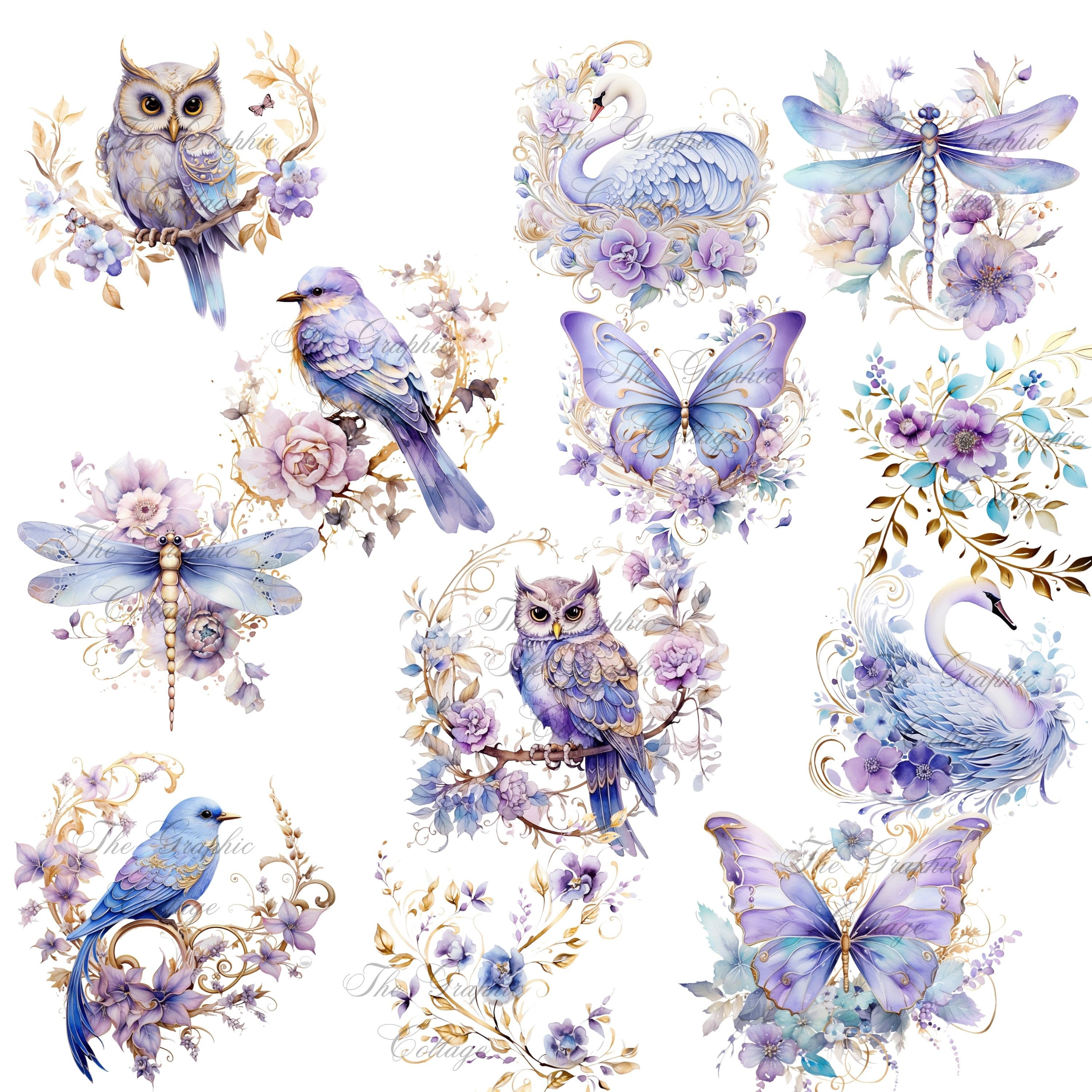 Watercolor Purple & Blue Whimsical Clipart: Owl, Swan, Butterfly (PNG ...