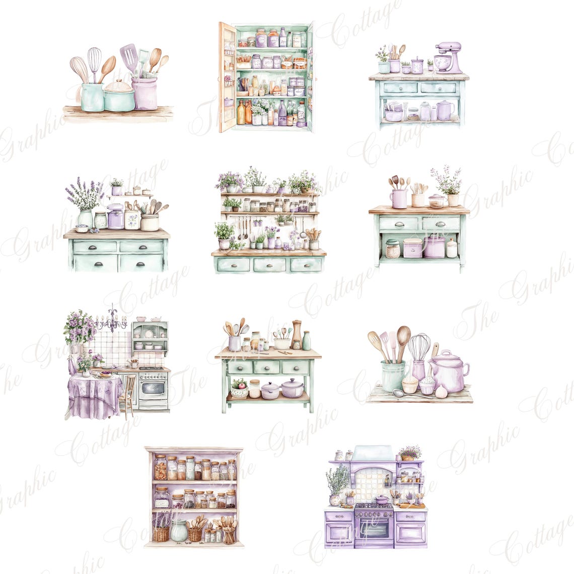Watercolor Kitchen Clipart, Romantic Kitchen, Purple and Mint Kitchen ...