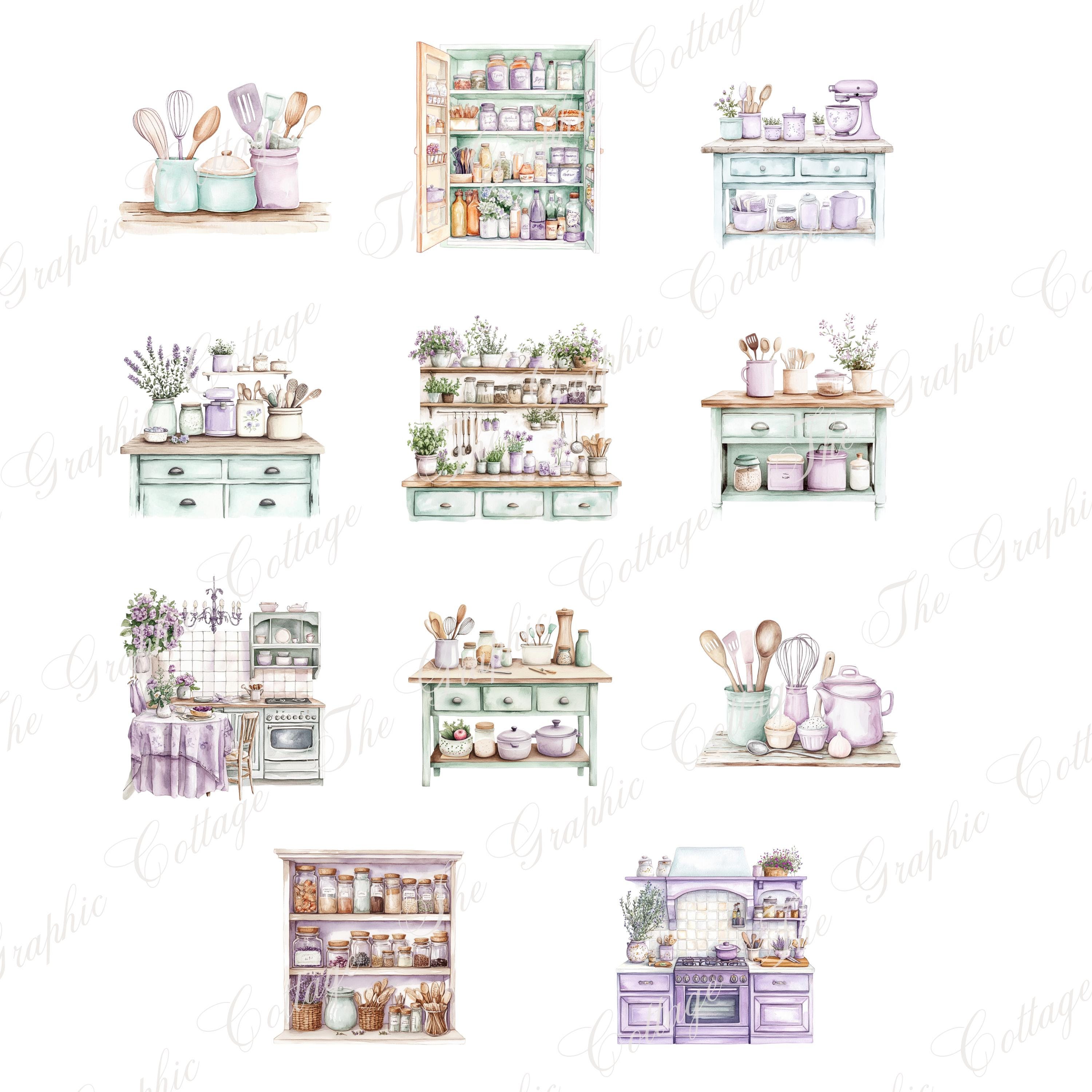 Watercolor Kitchen Clipart, Romantic Kitchen, Purple and Mint Kitchen ...