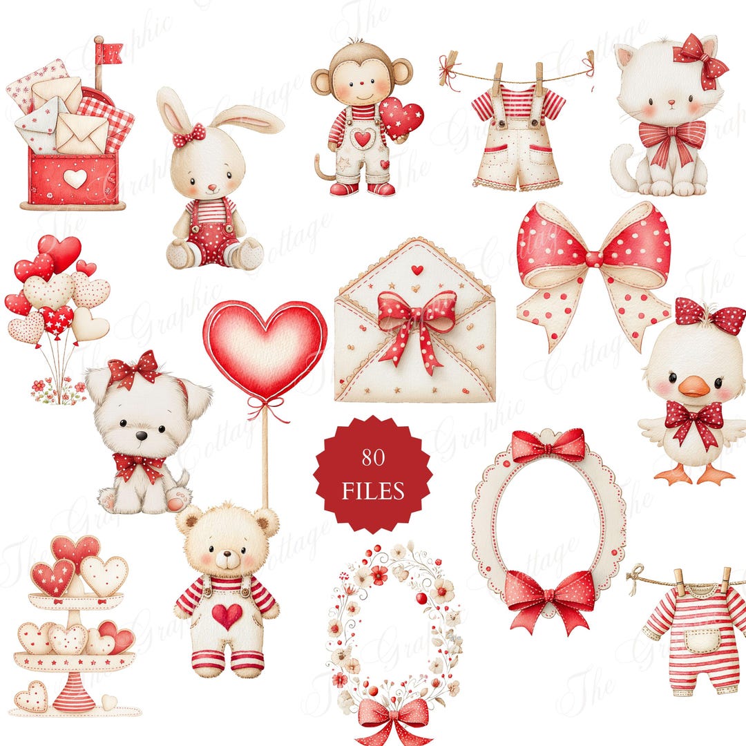 Watercolor Valentine Clipart, Baby Animals, Hearts (80 PNG Files ...