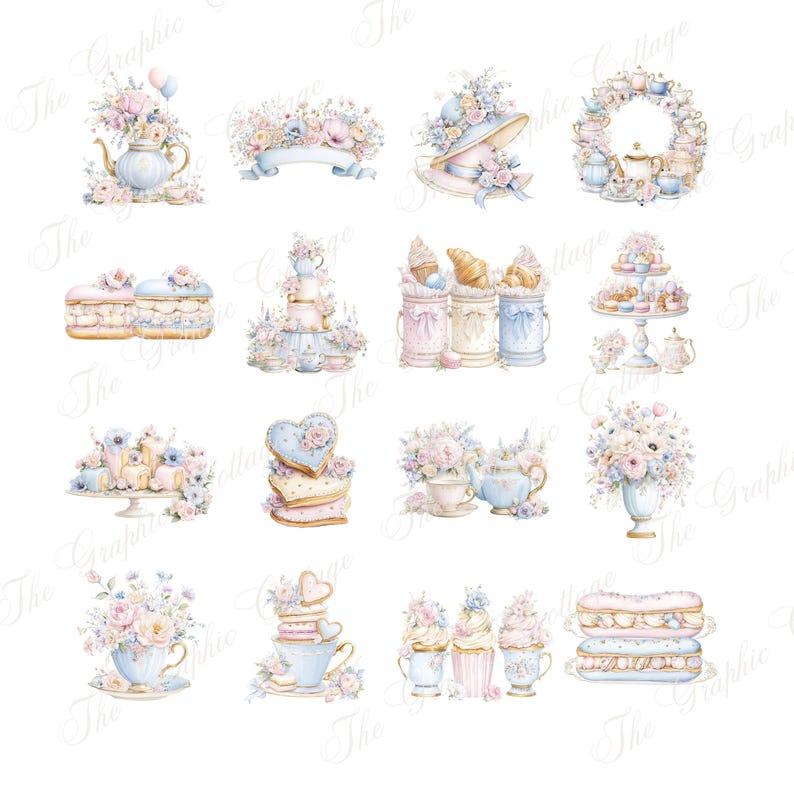 Watercolor Tea Party Clipart | Floral Tea Cups, Teapots, Sweets, Cake ...
