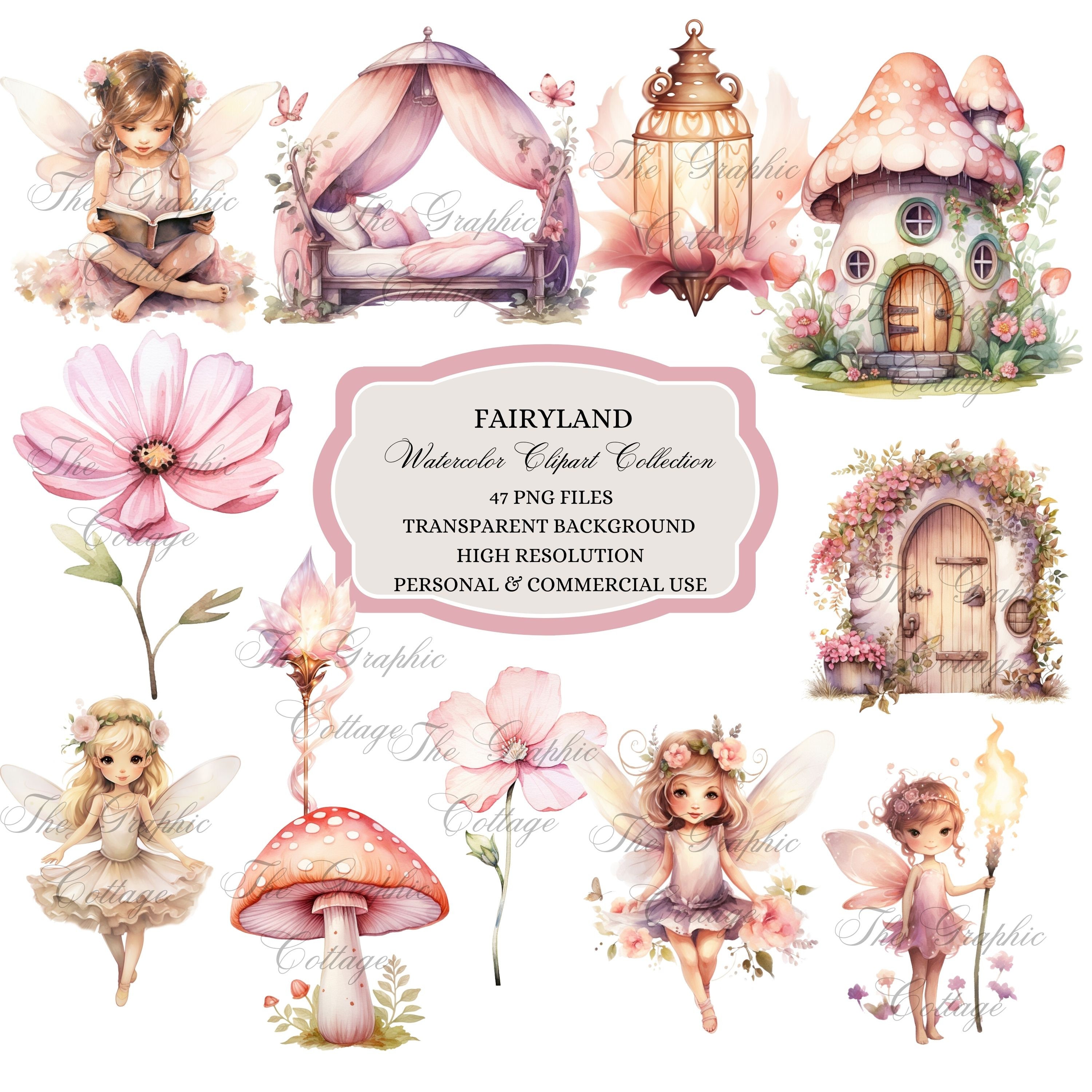 Enchanted Fairyland Clipart: Watercolor Fairy Garden PNG (digital ...