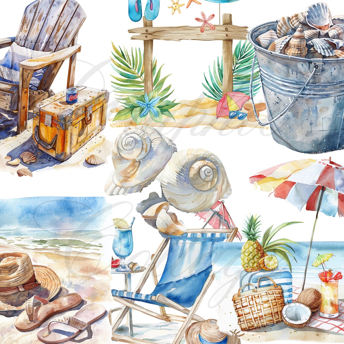 Watercolor Beach Clipart, Romantic Beach, Summer Vacation Clipart ...