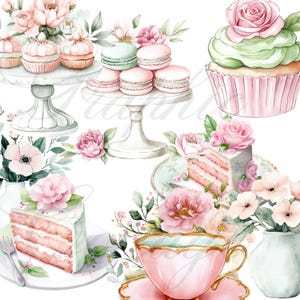 Watercolor Afternoon Tea Clipart, Romantic Tea Party, Pink and Mint ...