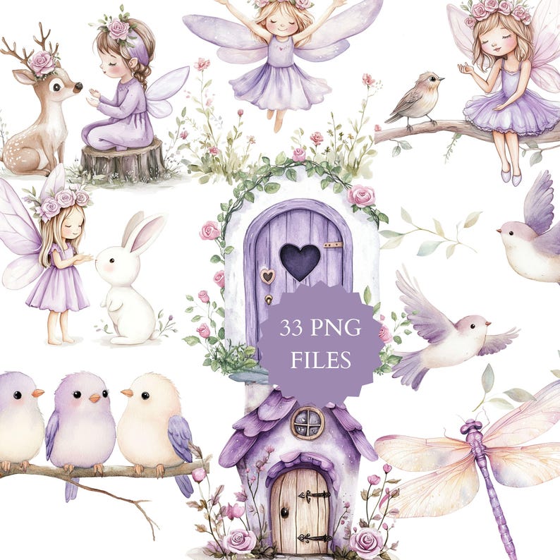 Watercolor Fairy Garden Clipart: Tea Party Fairies With Bunny (PNG ...