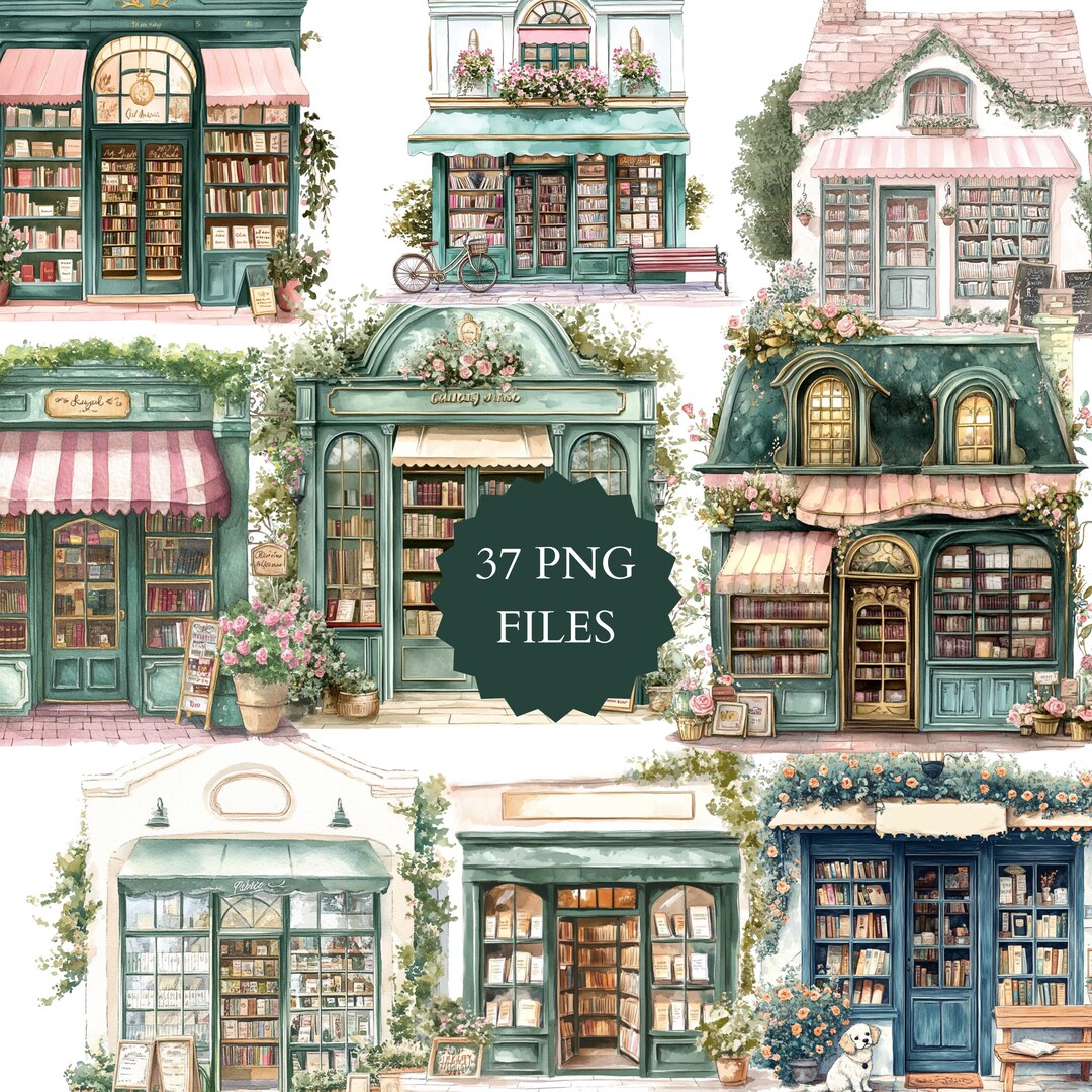Watercolor Bookstore Clipart: Shabby Chic Book Shop (37 PNG Files) - Etsy