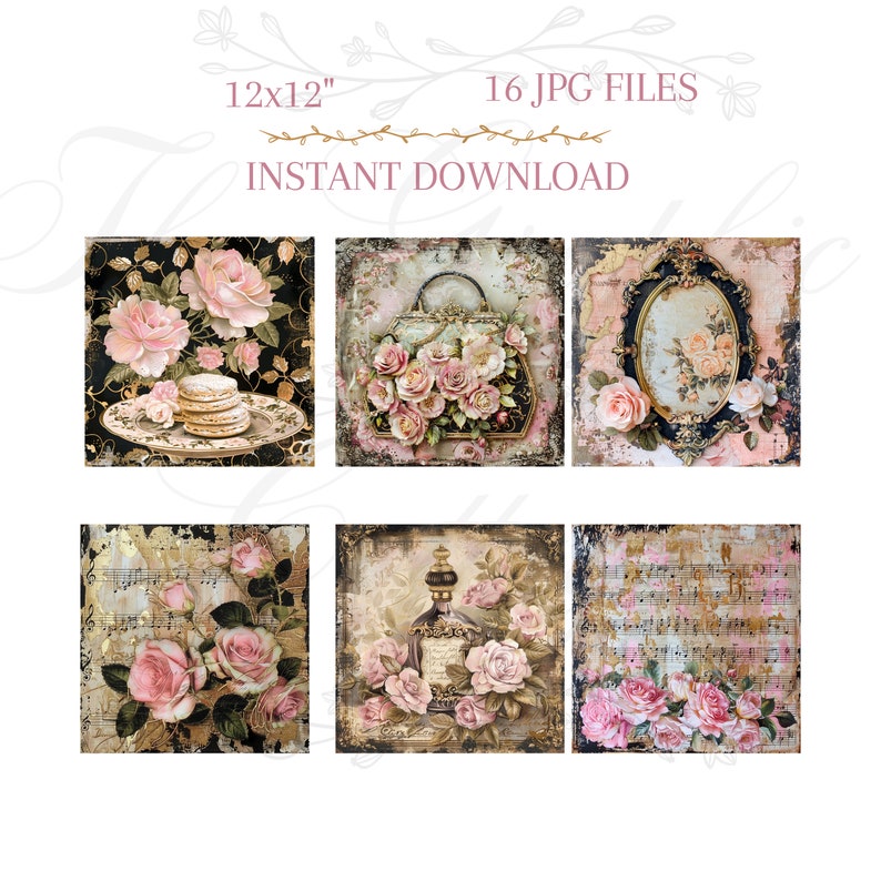 Pink and Black Dazzling Charm Paper With Gold Designs, Shabby Chic ...