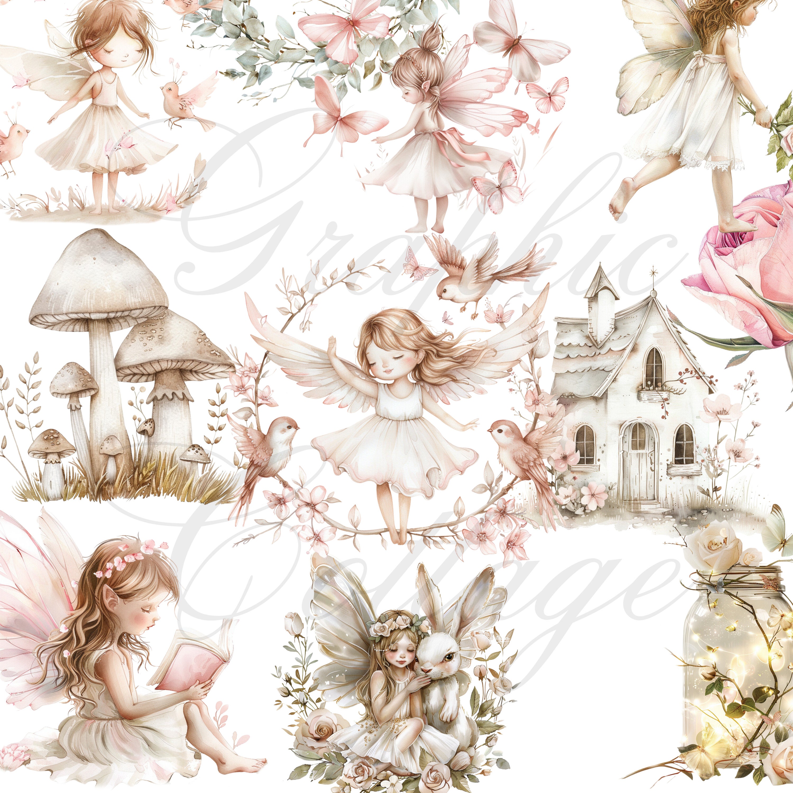 Watercolor Fairy, Clipart, Fairy, Cute Fairy, Neutral Fairy, Fairyland ...