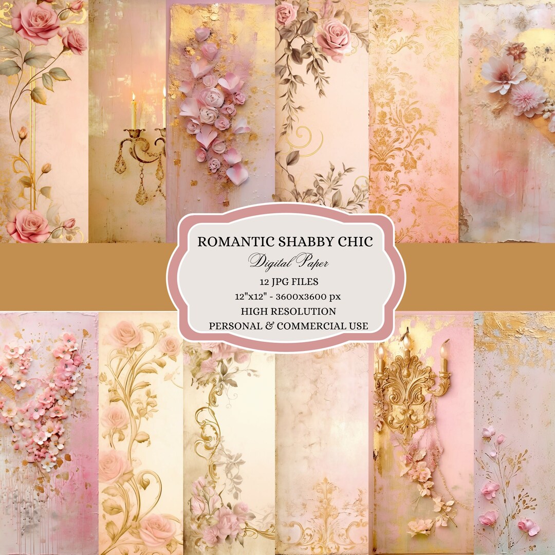 Pink Romantic Shabby Chic Digital Paper With Gold Designs, Shabby Chic ...
