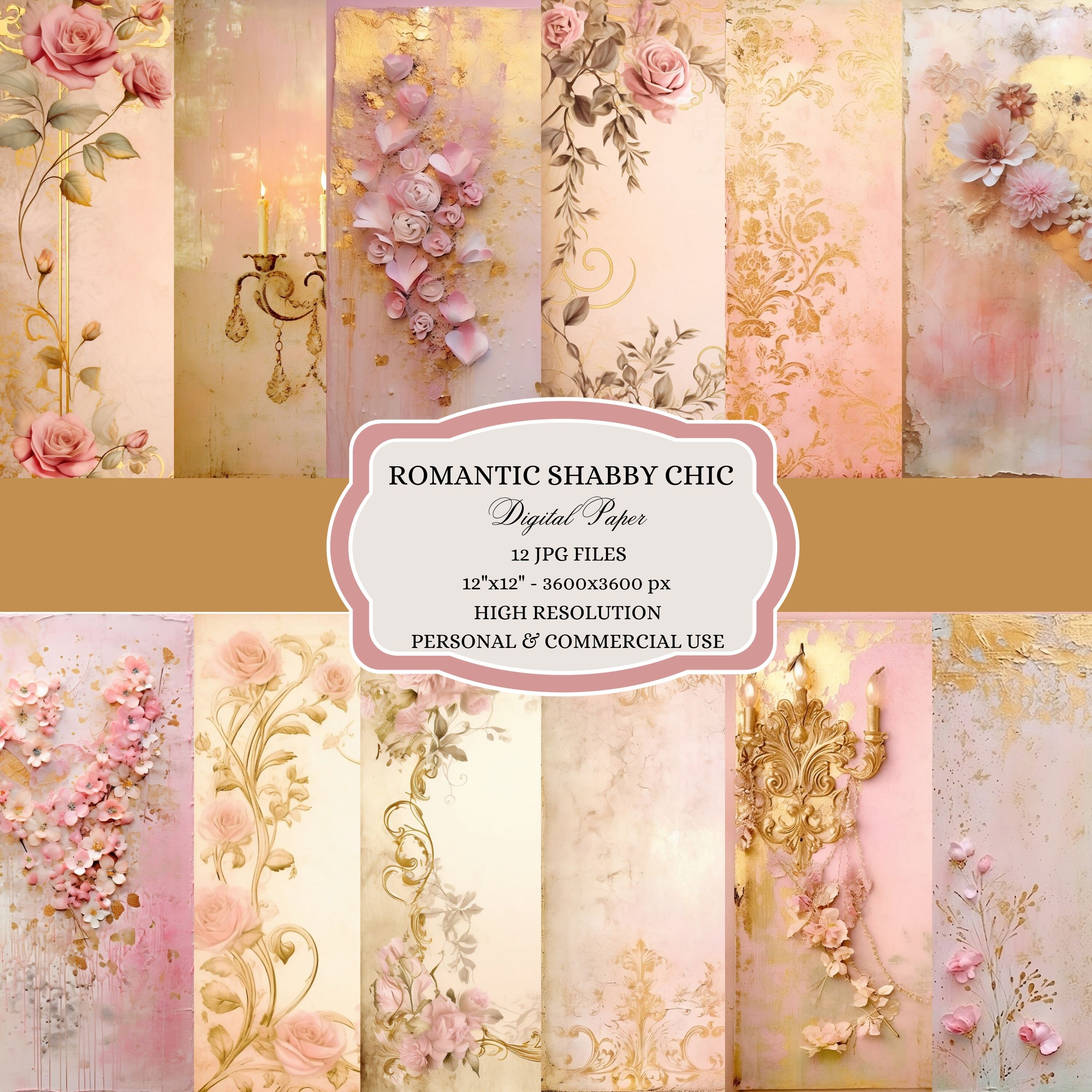 Pink Romantic Shabby Chic Digital Paper With Gold Designs, Shabby Chic ...