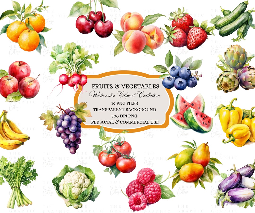 Watercolor Fruits & Vegetables Clipart: 19 PNG Files (digital Download ...