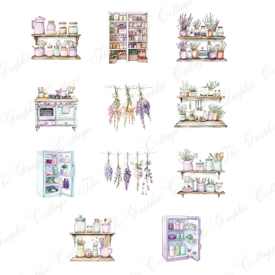 Watercolor Kitchen Clipart, Romantic Kitchen, Purple and Mint Kitchen ...