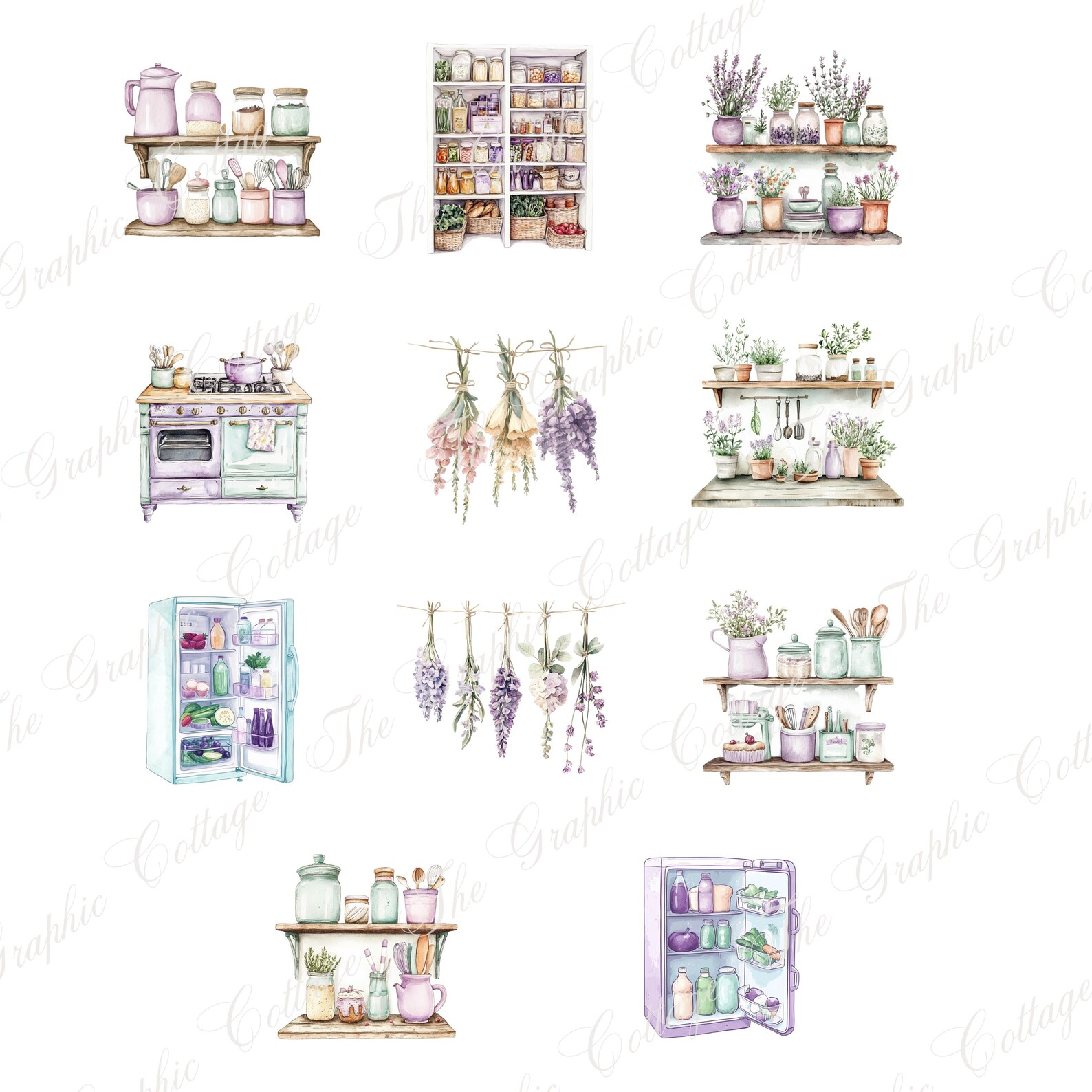 Watercolor Kitchen Clipart, Romantic Kitchen, Purple and Mint Kitchen ...
