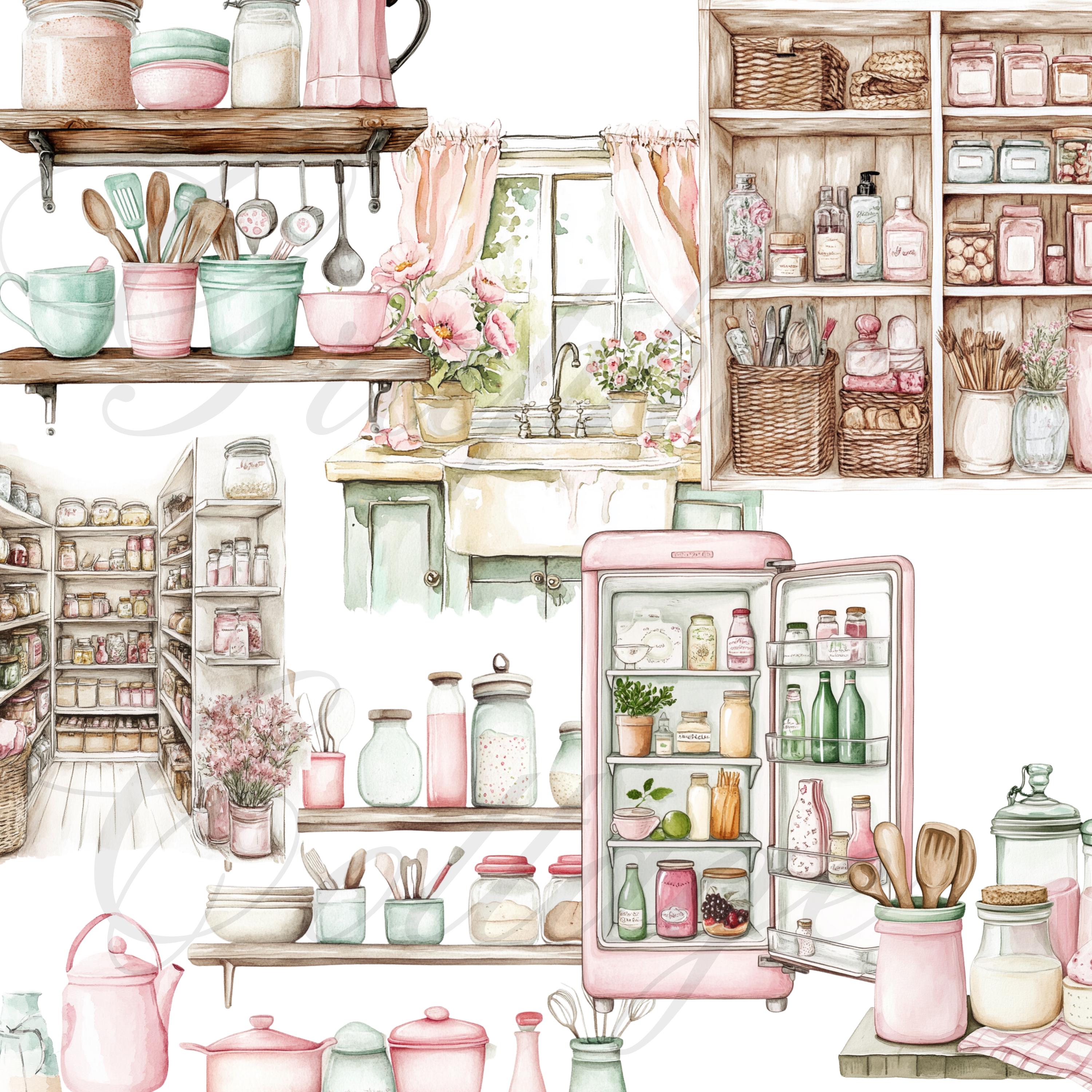 Watercolor Kitchen Clipart, Romantic Kitchen, Pink and Mint Kitchen ...