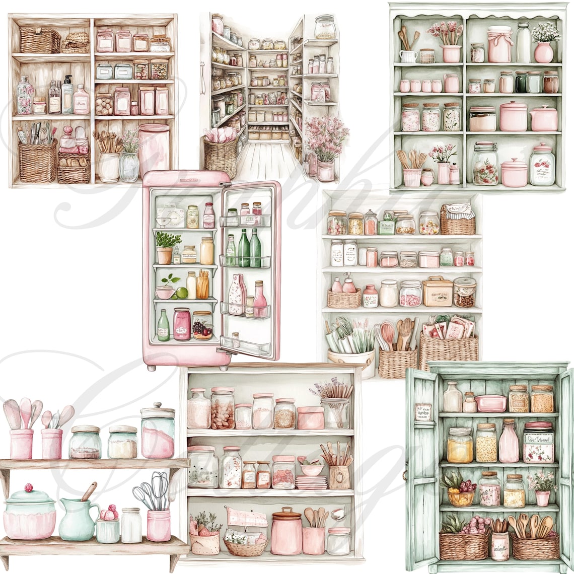 Watercolor Kitchen Clipart, Romantic Kitchen, Pink and Mint Kitchen ...