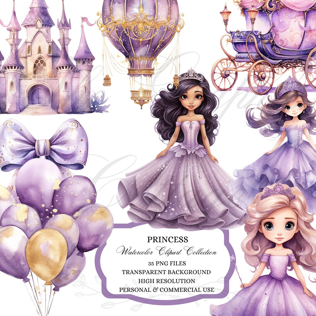 Watercolor Princess Clipart, Purple Princess Theme Clipart, Princess ...